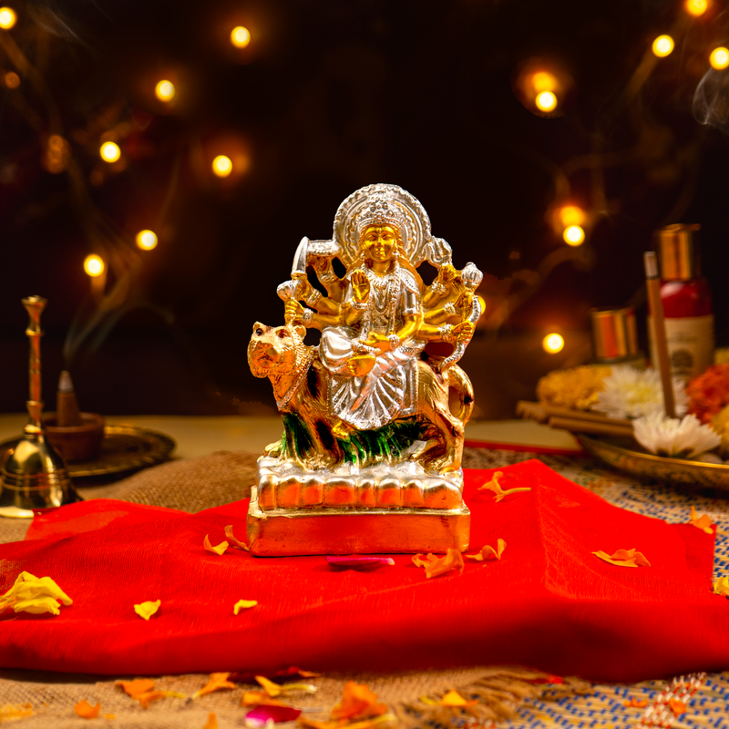 Silver and Gold Toned Maa Durga Resin Idol 5 inch – ServDharm