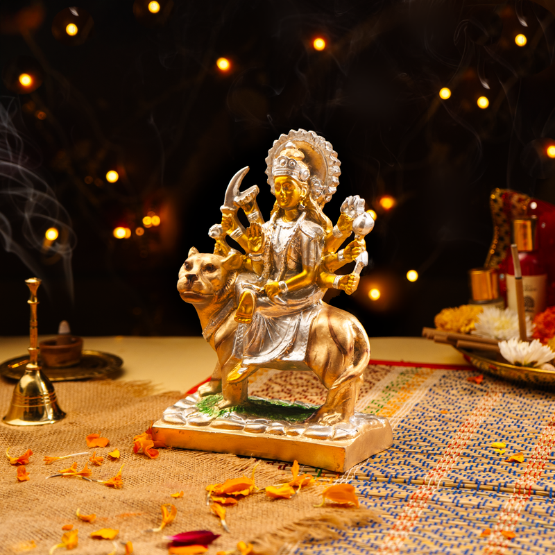Silver and Gold Toned Maa Durga Resin Idol 7.5" – ServDharm