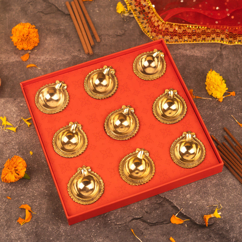 Pure Brass Lakshmi Diya Gift Set | Set of 9 diyas – ServDharm