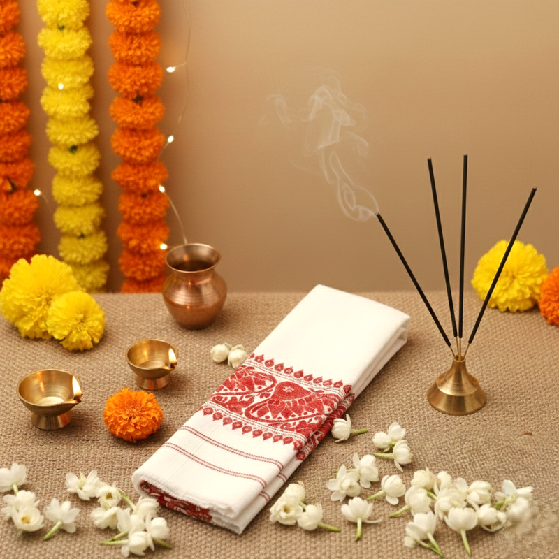 Assamese White and Red Puja Cotton Gamcha 55 x 21 inch – ServDharm