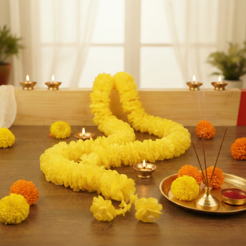 Premium Yellow Floral Garland/ Latkan Set of 2 | Length: 4.5 ft | Soft ...